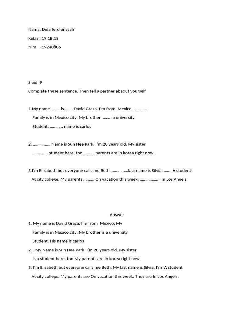 Self-Introduction Exercise Answers | PDF