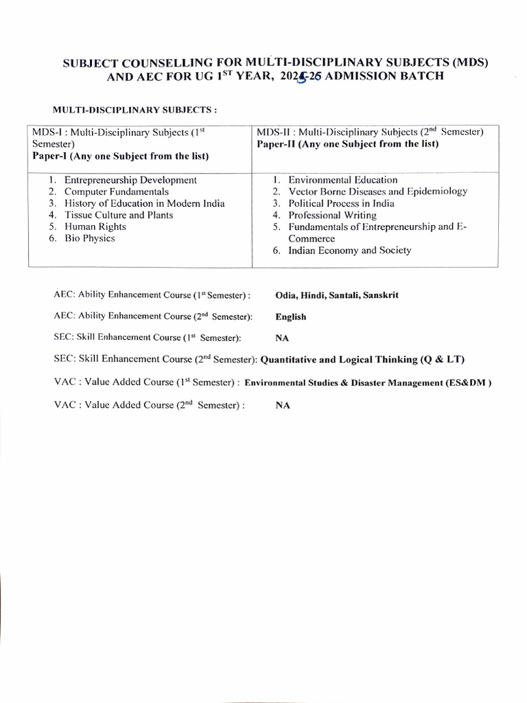 Counselling For MDS & AEC (1st & 2nd Semester) 2025-26 | PDF