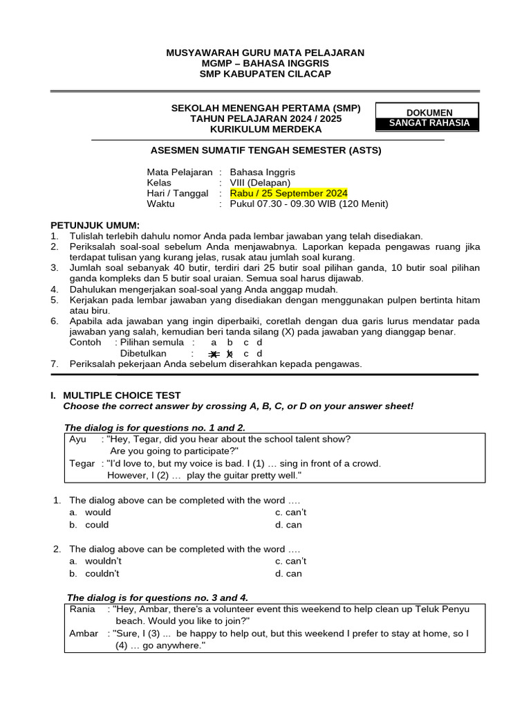 Soal ASTS 1 Bhs Inggris Kelas 8 - (24-25) | PDF | Fortification