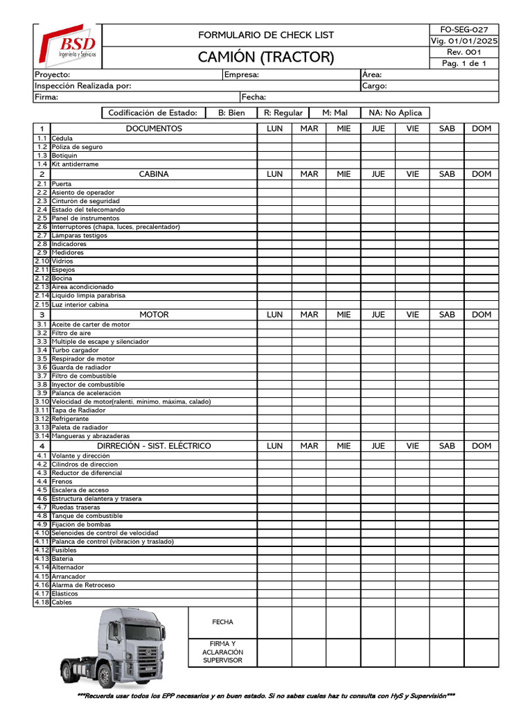 Check List de Inspección de Camiones | PDF | Partes de vehículo ...