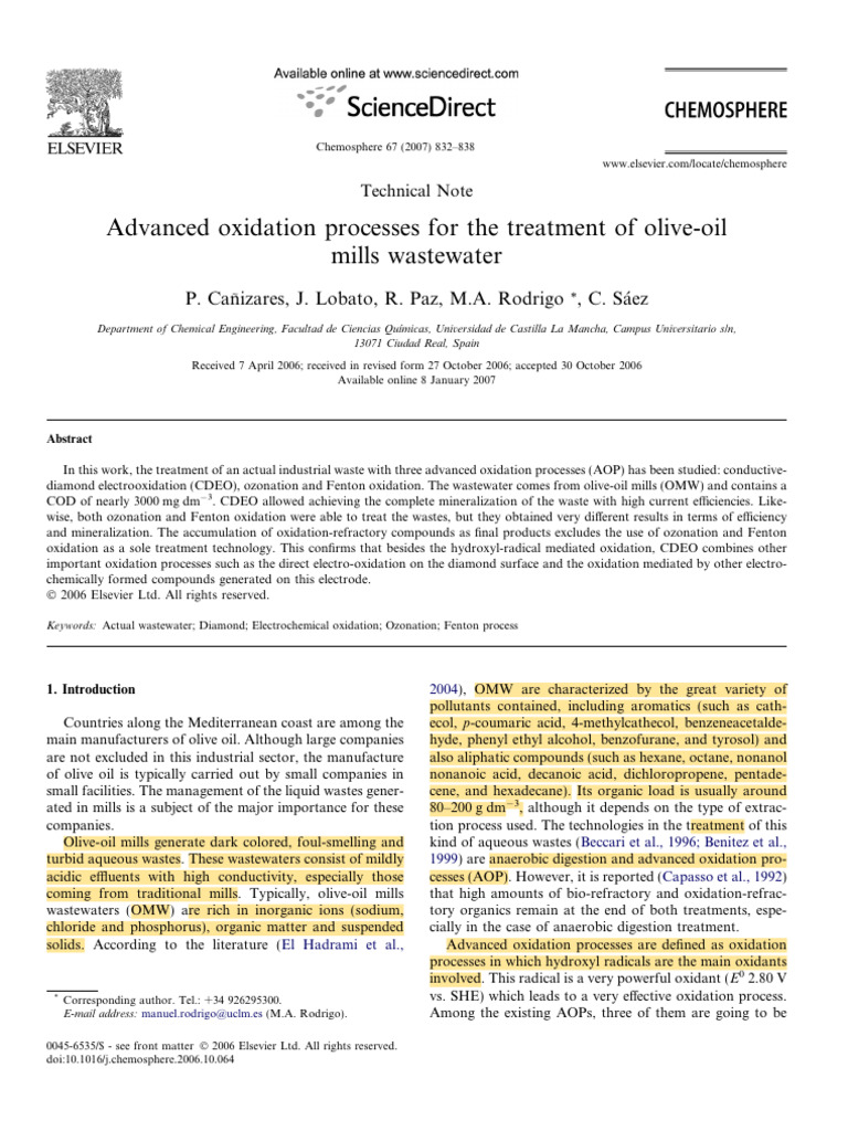 Advanced Oxidation of Olive Oil Wastewater | PDF | Physical Chemistry ...