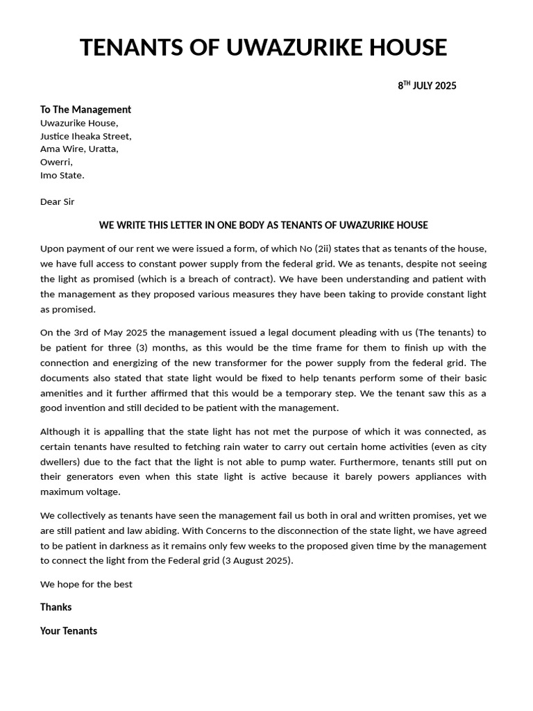 Tenants Letter To Management UWAZURIKE HOUSE | PDF