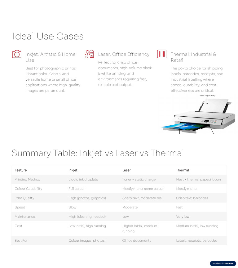 Inkjet, Laser, and Thermal Printer Comparison | PDF