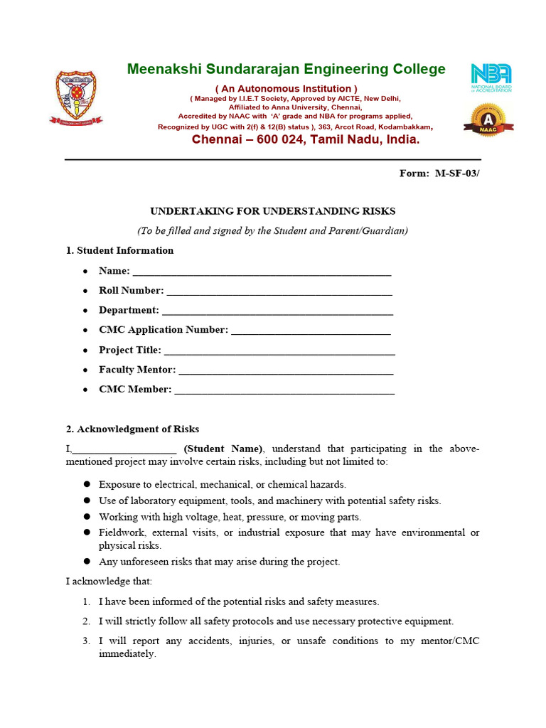 Safety Undertaking Form | PDF | Safety | Risk