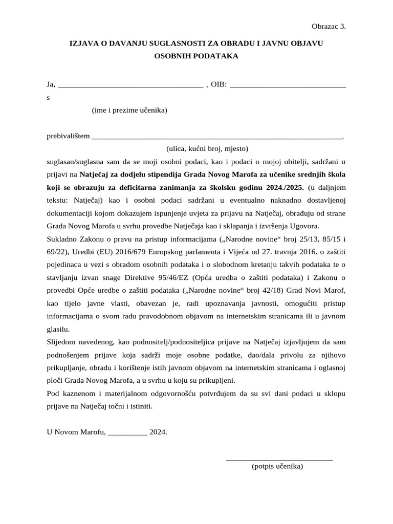 OBRAZAC 3. Izjava o Davanju Suglasnosti Za Obradu I Javnu Objavu Osobnih Podataka 2024. 2025 ...