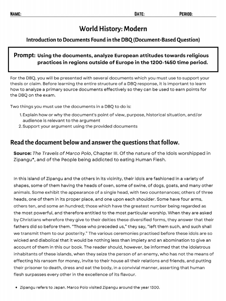 DBQ Warm Up For 1.6 - Intro To Documents of The DBQ | PDF