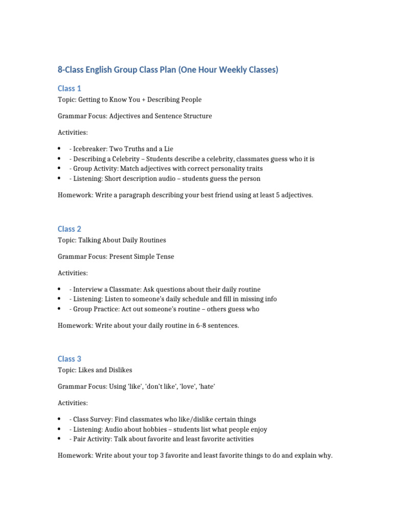 Group Class English Plan | PDF | Syntax | Grammar