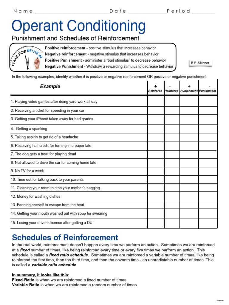 Operant Conditioning Worksheet Answers | PDF | Reinforcement | Punishments