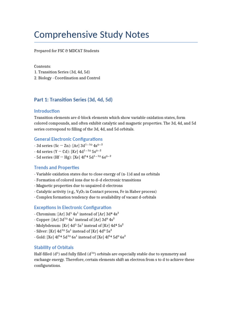 Study Notes For Mdcat - Transition Series and Coordination and Control ...