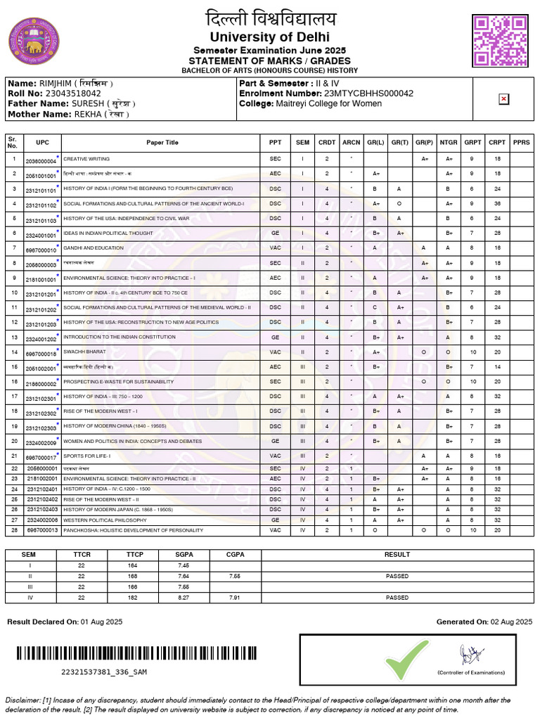 University of Delhi: Semester Examination June 2025 Statement of Marks / Grades | PDF
