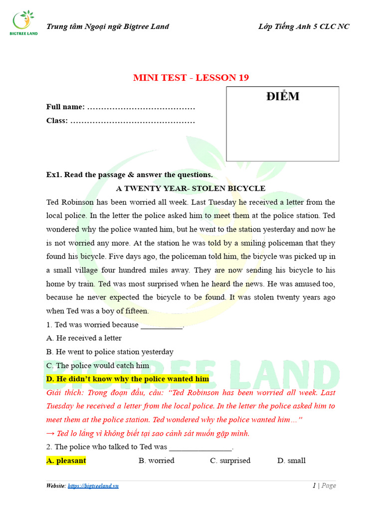 Key - Mini Test - Lesson 19 | PDF