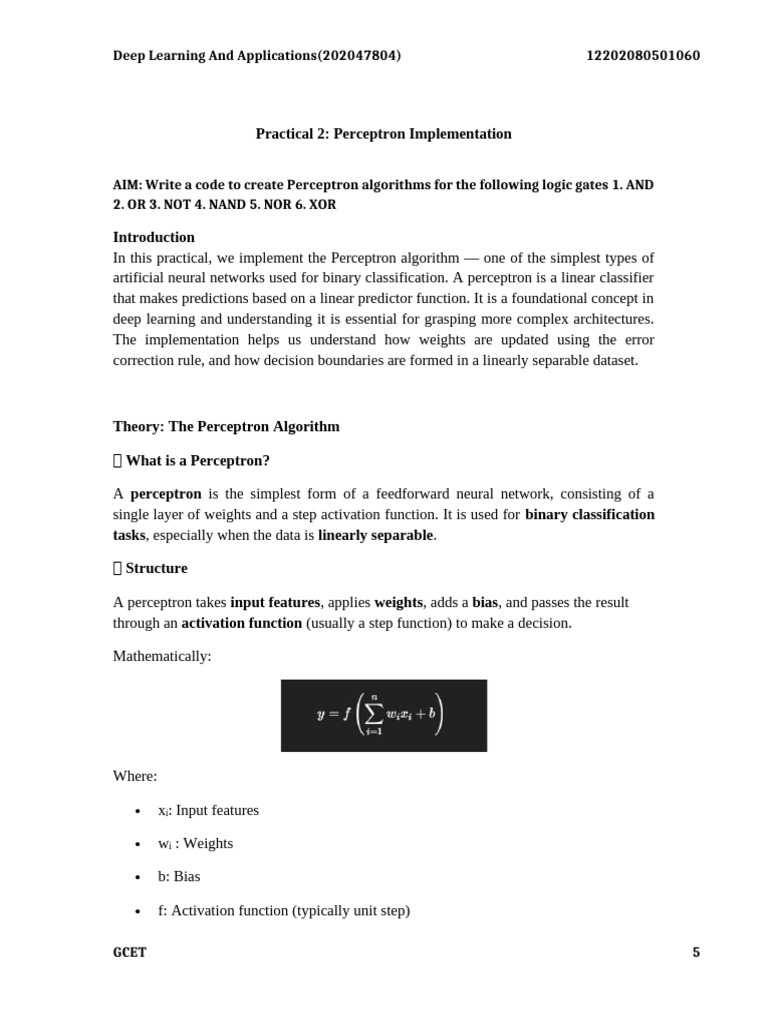 Practical2 Perceptron DL Formatted | PDF | Deep Learning | Theoretical Computer Science
