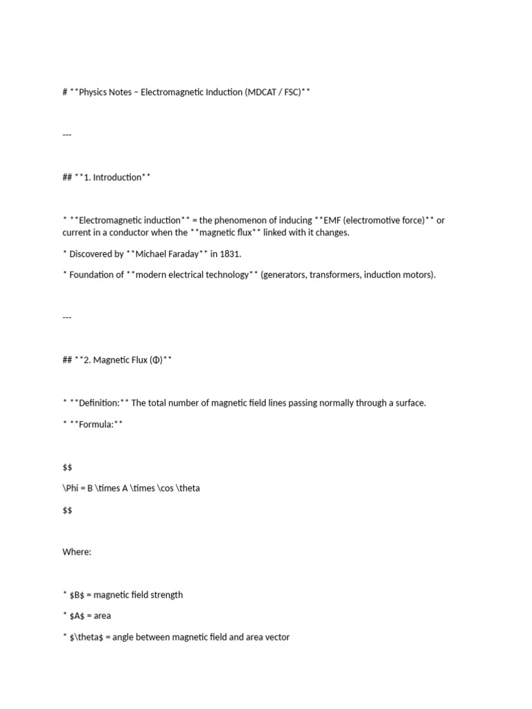 Electromagnetic Induction MDCAT Physics Notes. | PDF | Electromagnetic ...