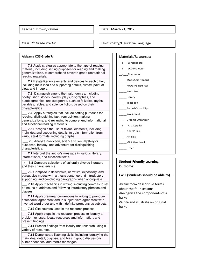 Alabama COS Grade 7:: Student-Friendly Learning Outcome: I Will ...