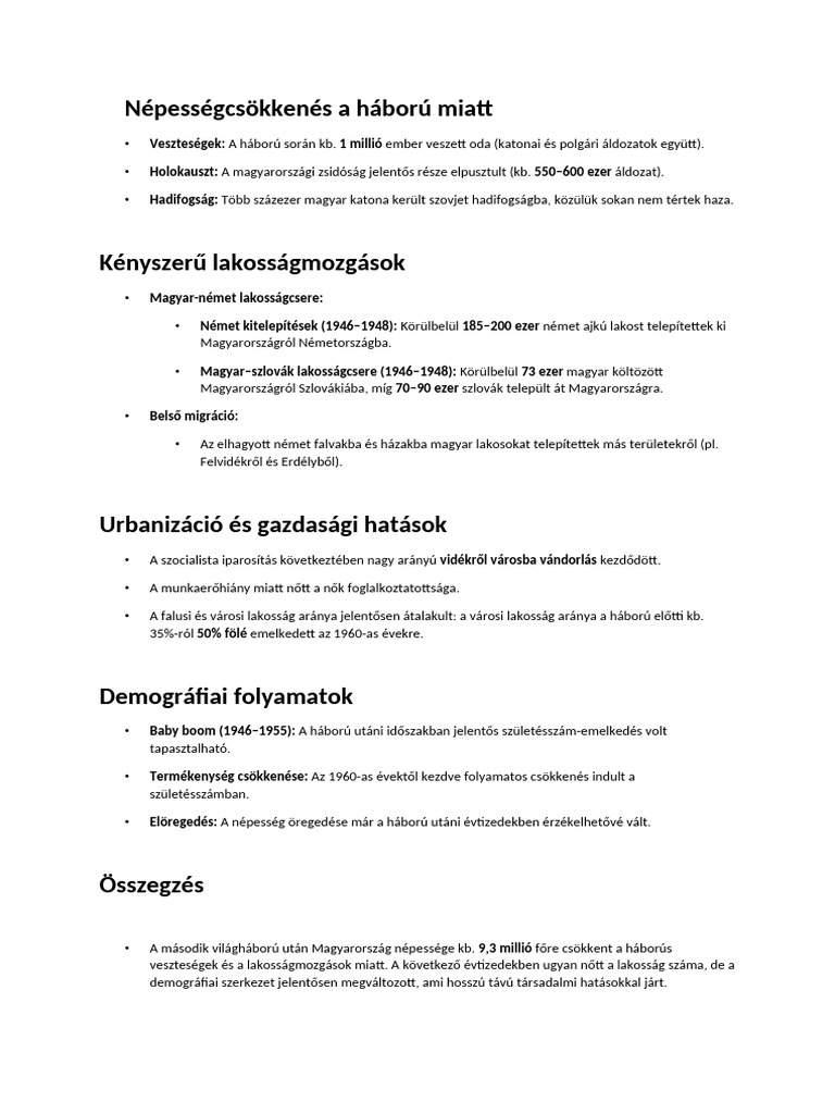 Népességcsökkenés A Háború Miatt Szoveg | PDF