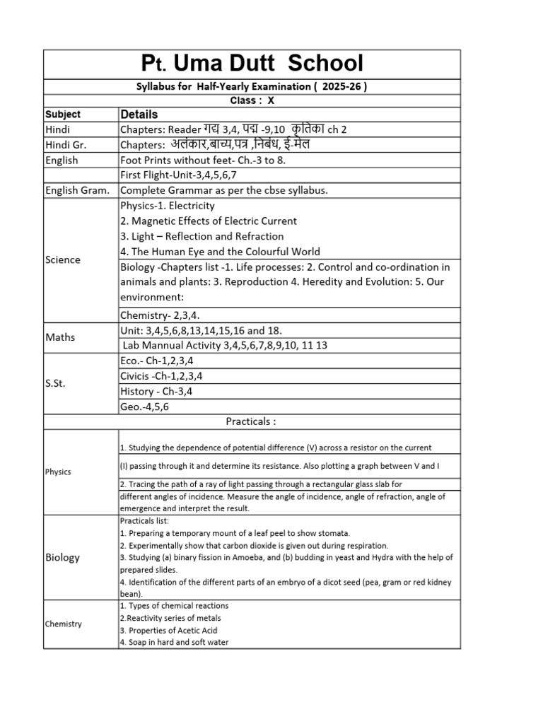 Class X Syllabus Half-Yearly Exam | PDF