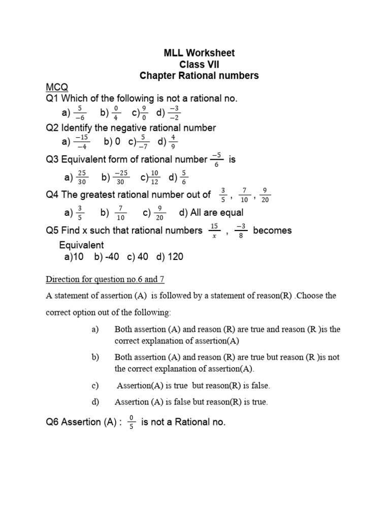 VII - MLL MCQ and Assertion Reasoning - Rational No, - DAV SRESHTHA ...