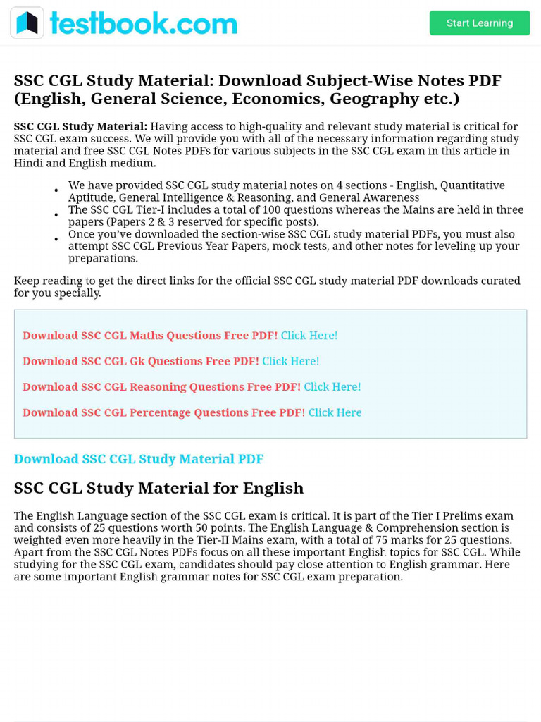 SSC CGL Study Material - Download Subject-Wise Notes PDF (English ...