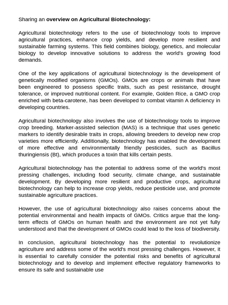 Overview of Agricultural Biotechnology | PDF | Biotechnology | Agriculture