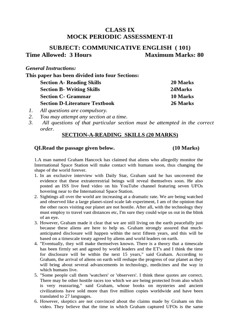 Class IX Communicative English Mock Exam | PDF | Extraterrestrial Life ...