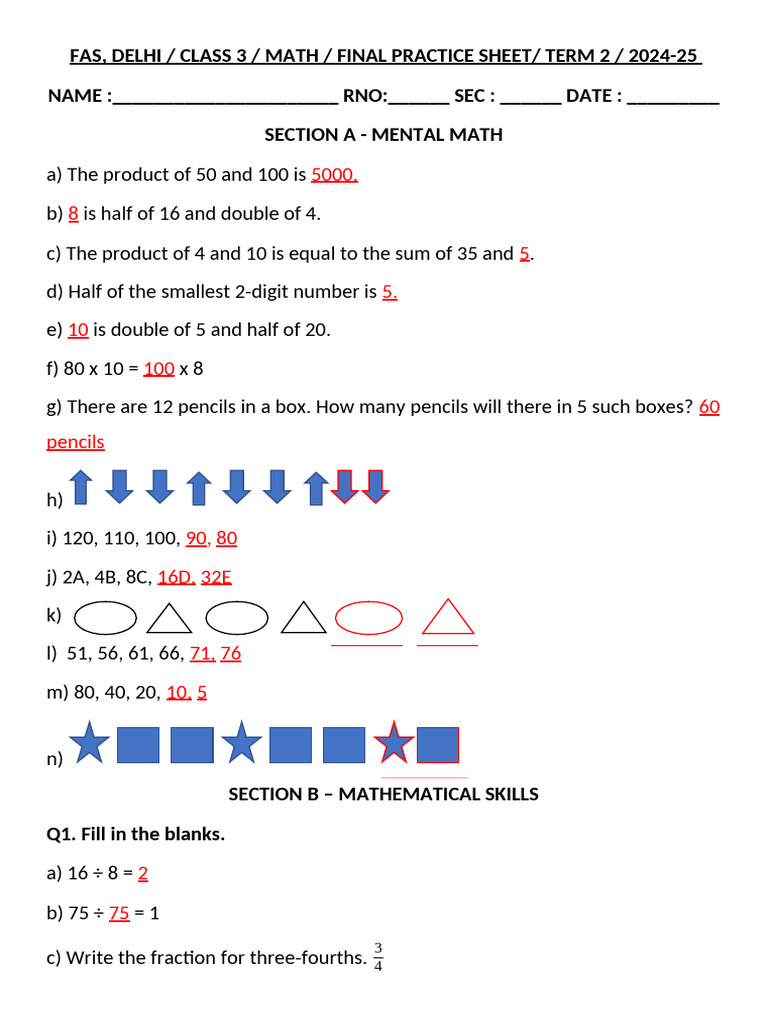 Class 3 Math Final Practice Sheet | PDF | Numbers | Elementary Mathematics