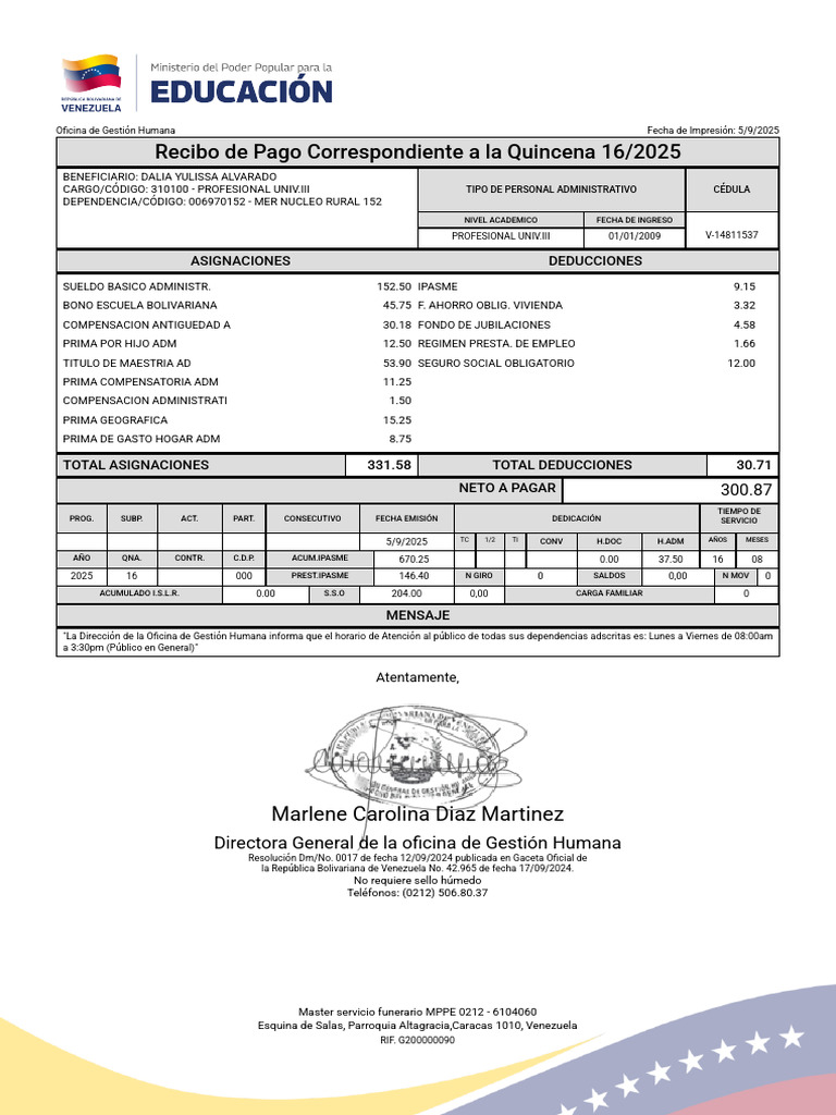 Recibo de Pago Correspondiente A La Quincena 16/2025: Marlene Carolina ...
