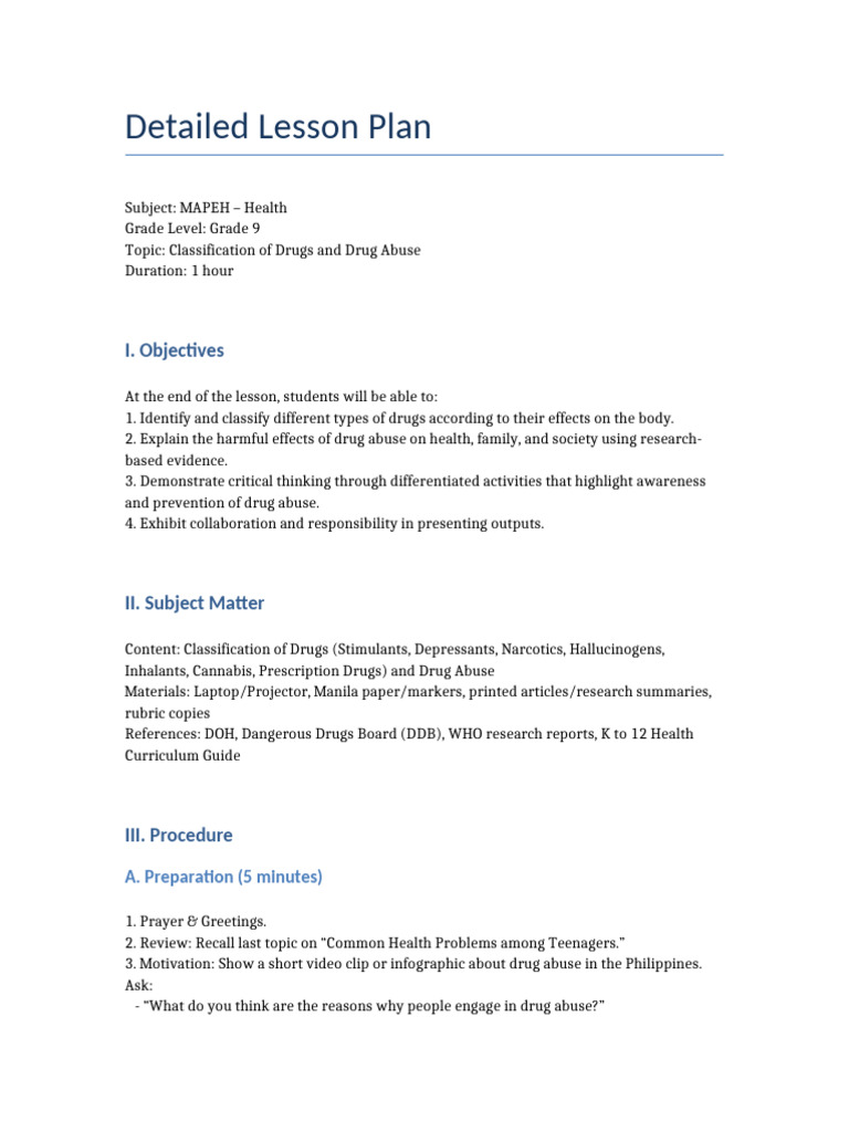 Drug Abuse Lesson Plan for Grade 9 | PDF | Substance Abuse | Drugs