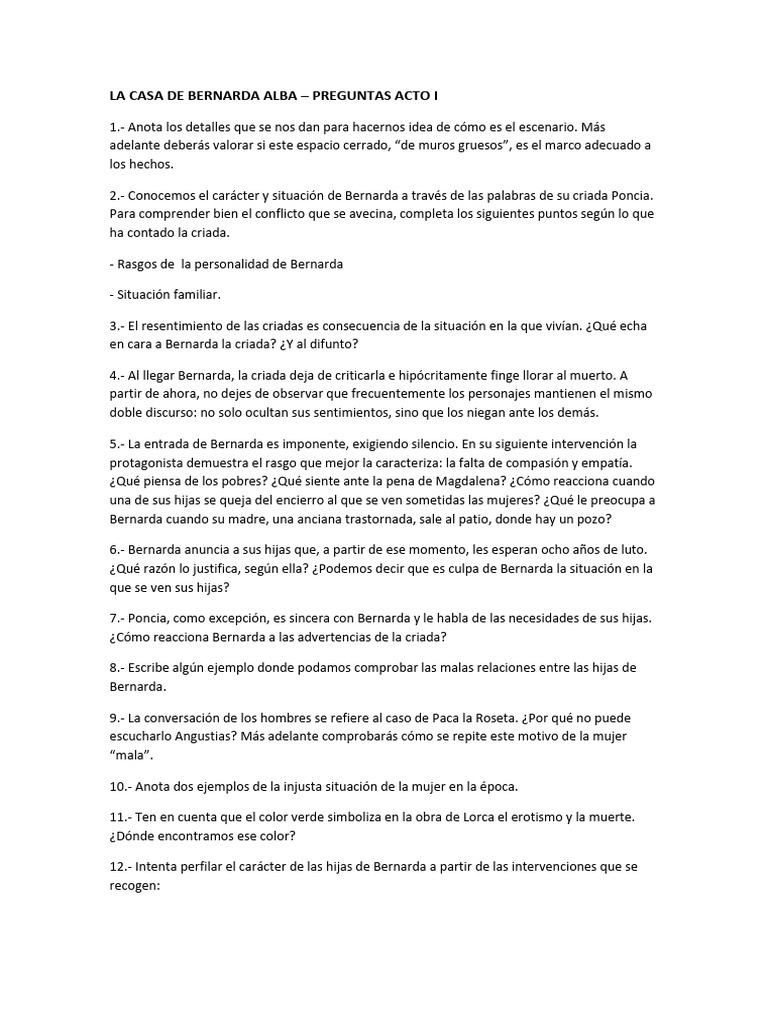 Cuestionario Acto I La Casa de Bernarda Alba | PDF