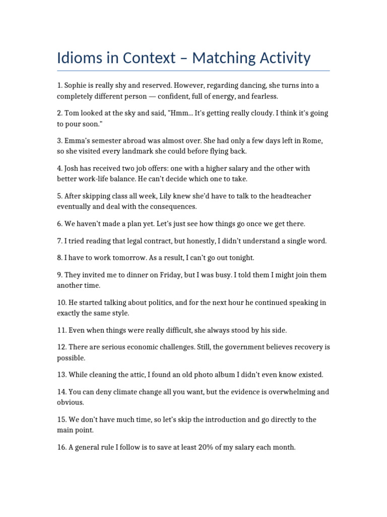 Idioms in Context Matching Activity | PDF