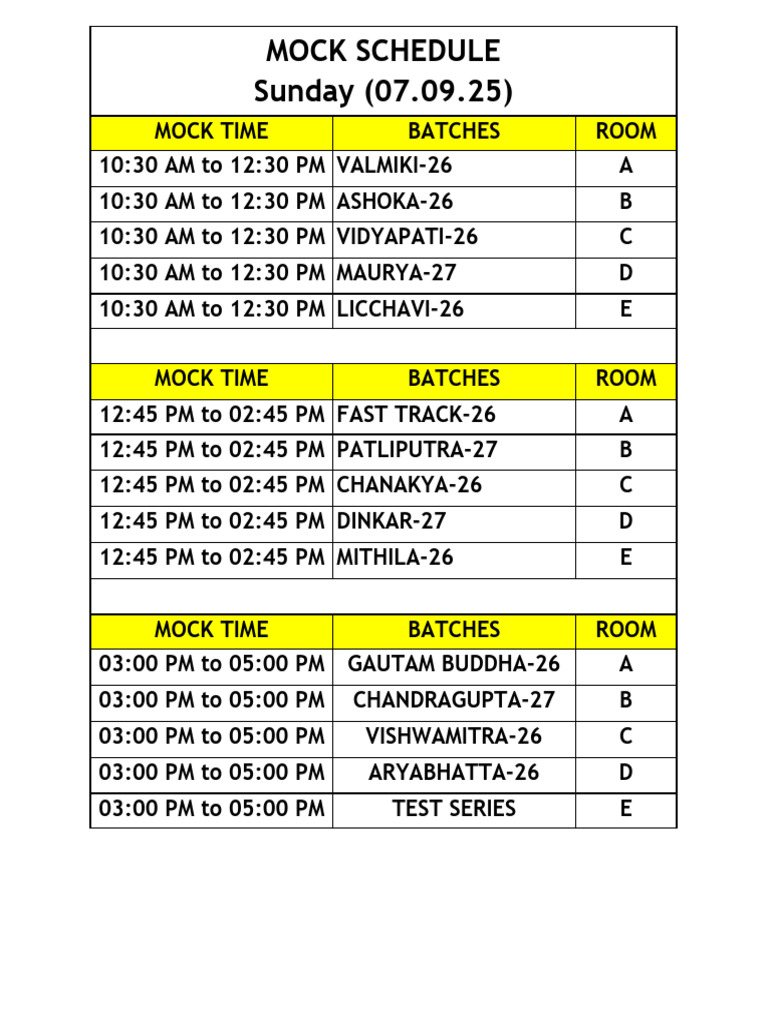 MOCK Schedule - Sunday (07.09.25) | PDF