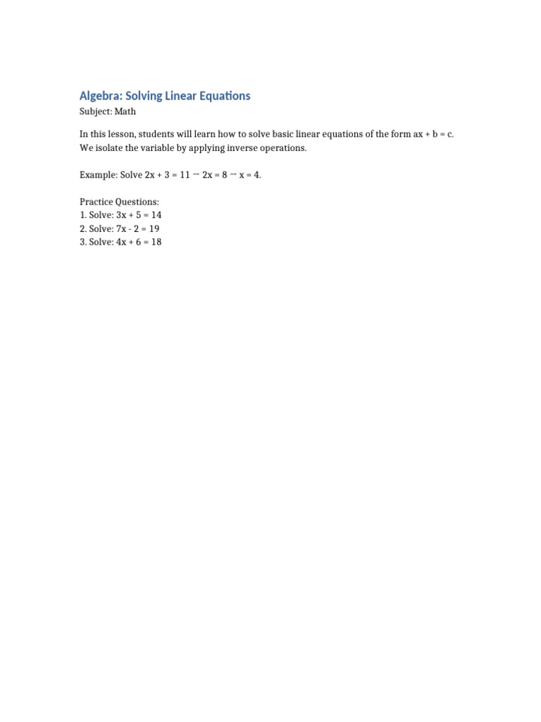 Solving Basic Linear Equations | PDF