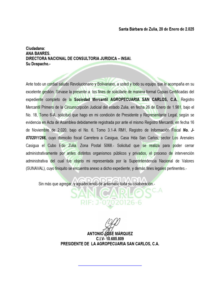 Comunicacion Insai - San Carlos, C.A. - 093219 | PDF