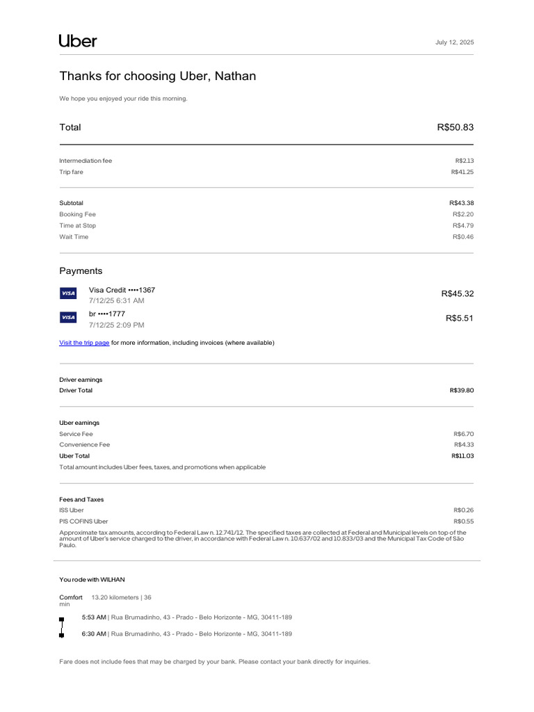 Uber Ride Summary for Nathan | PDF | Payments | Transport