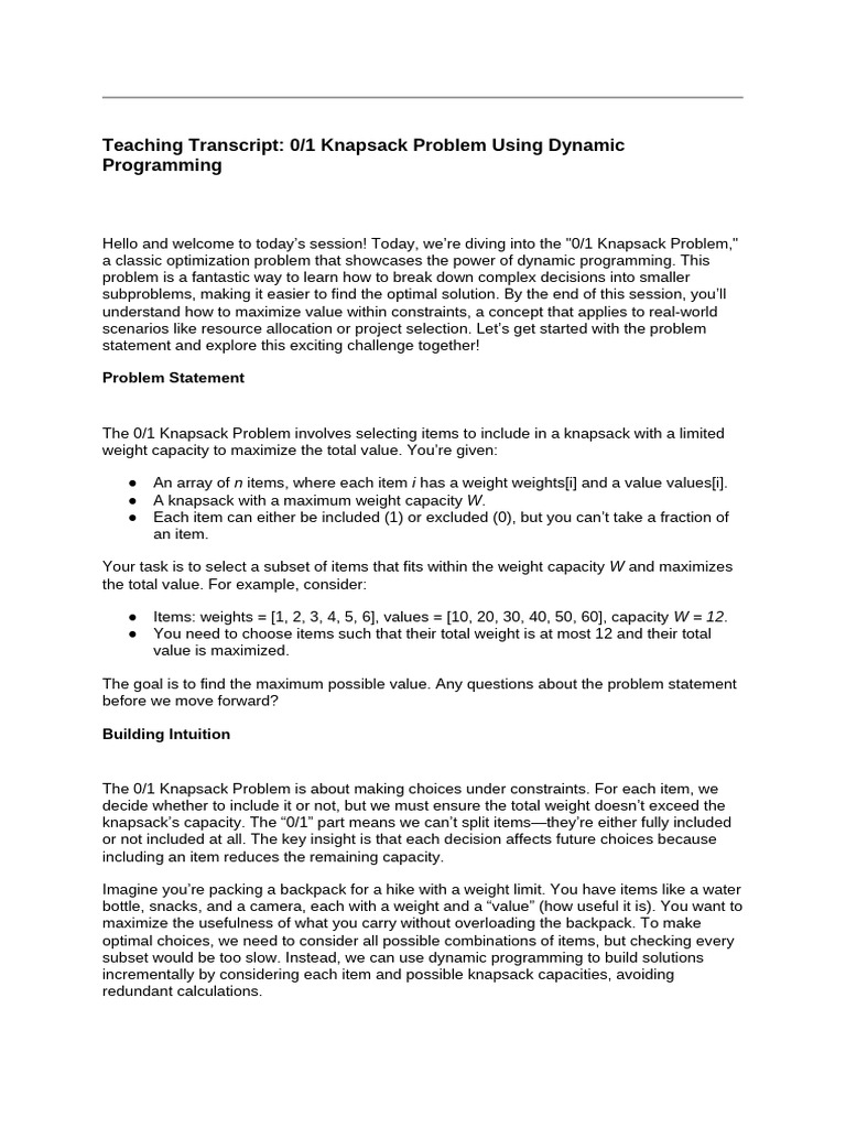 Knapsack Problem Updated | PDF | Dynamic Programming | Mathematical Optimization