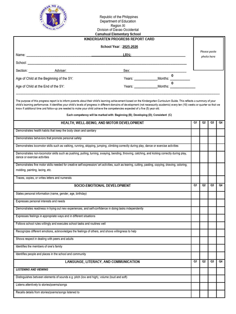 Kindergarten Progress Report - English Version - Cagas, GJP | PDF ...
