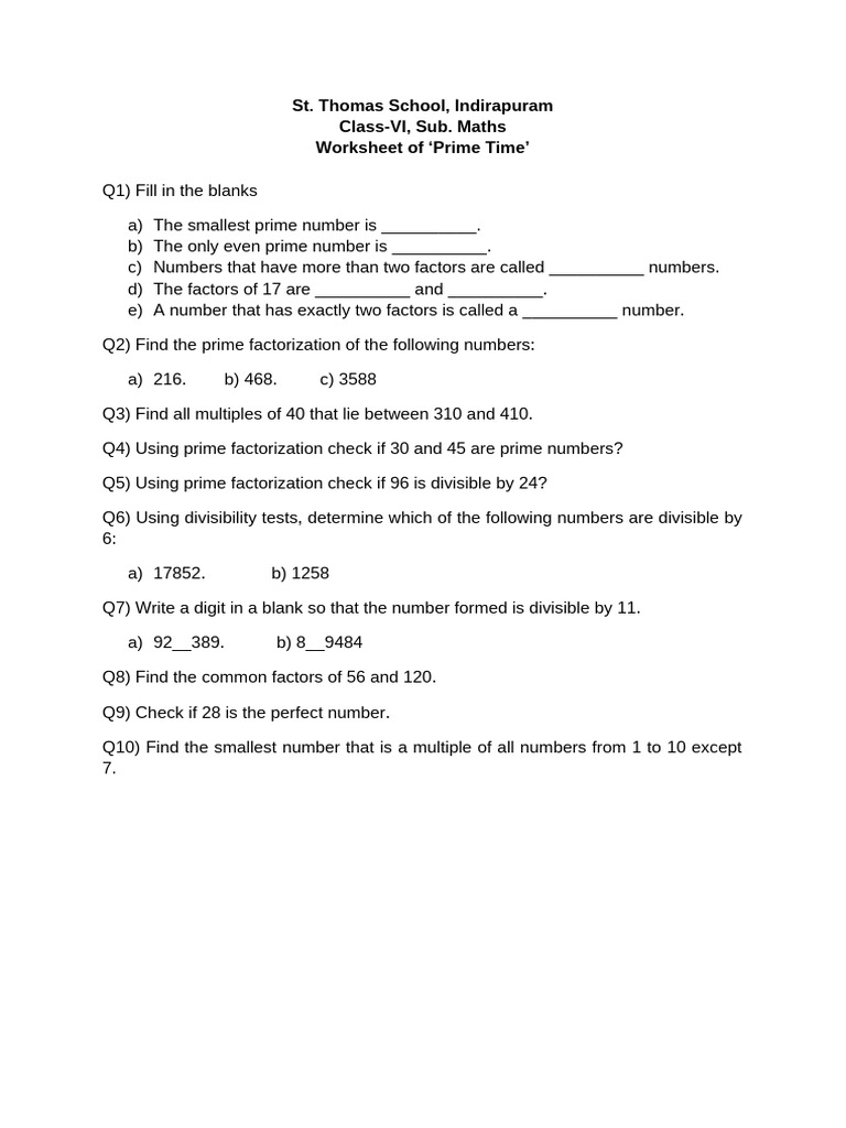 Class 6 Prime Time Maths Worksheet | PDF
