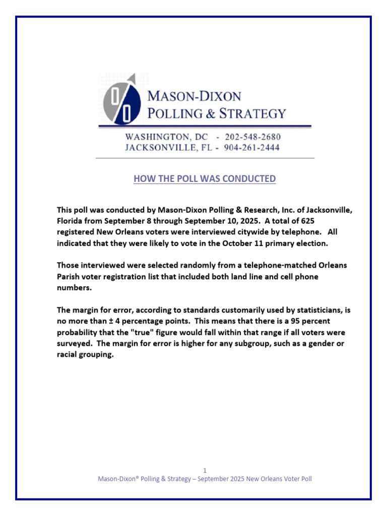 How The Poll Was Conducted: 1 Mason-Dixon® Polling & Strategy - September 2025 New Orleans Voter ...