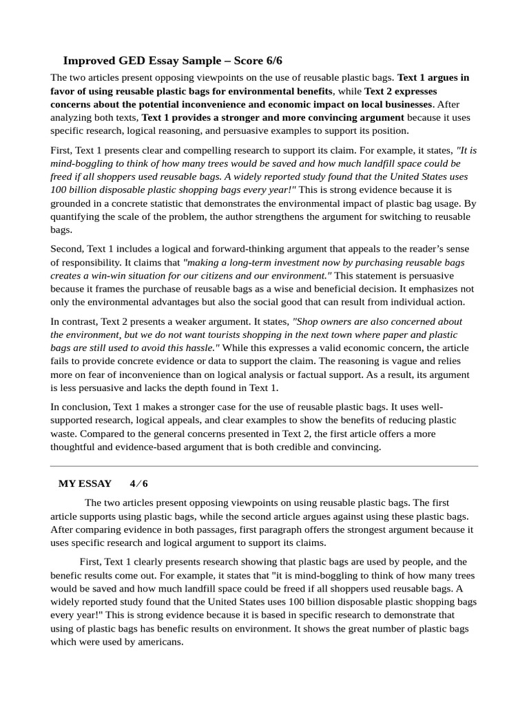 GED Essay Analysis: Reusable Bags Debate | PDF | Argument | Essays