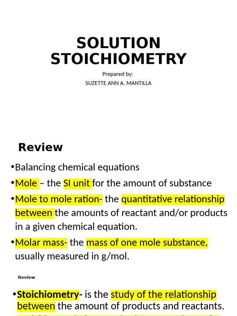 Solution Stoichiometry | PDF | Stoichiometry | Mole (Unit)
