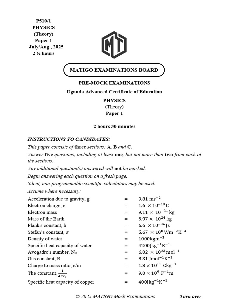 Matigo Mocks Uace Phy P1 2025 | PDF | Electron | Temperature