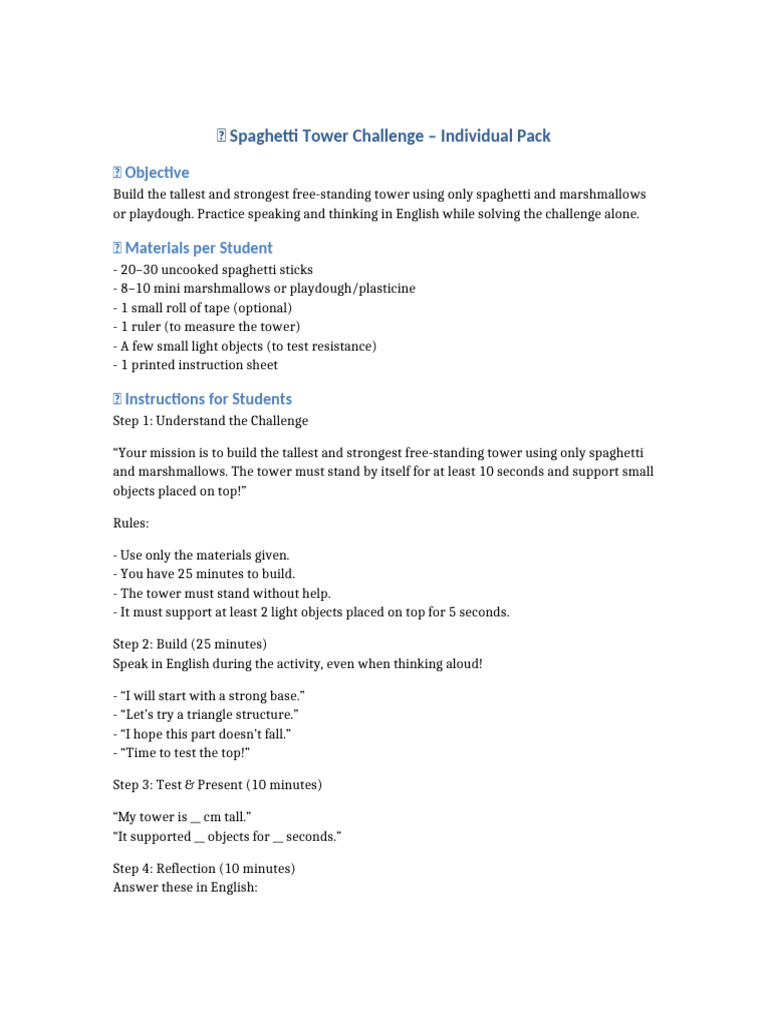 Spaghetti Tower Challenge Individual | PDF
