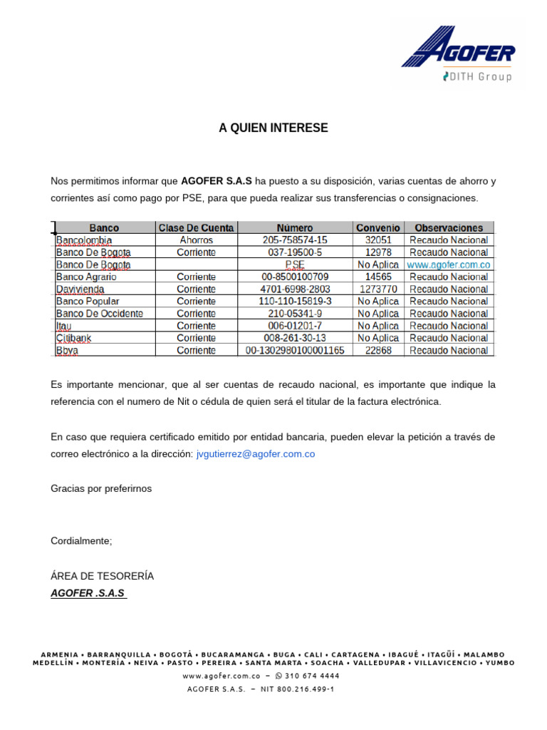 Carta Agofer Listado de Cuentas | PDF