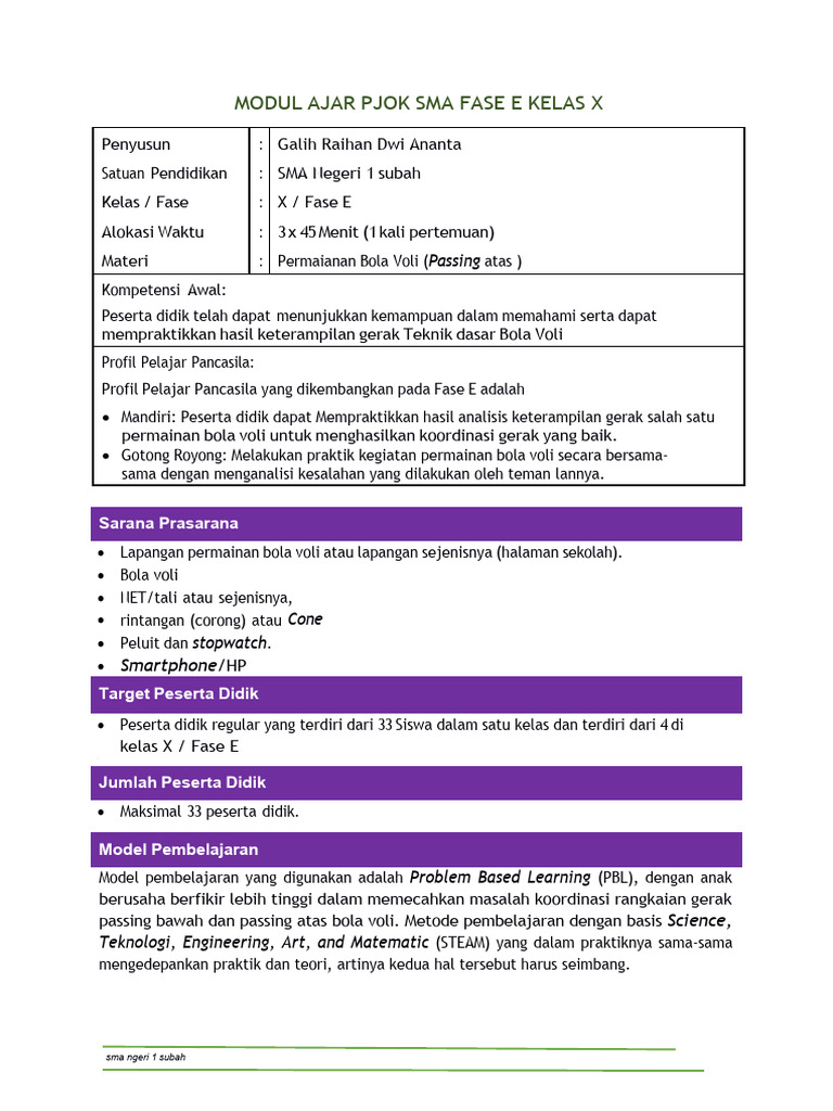 Modul Ajar Bola Voli Passing Atas 2 | PDF