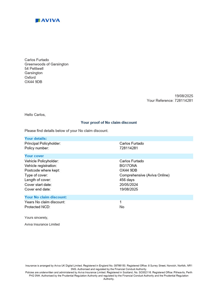 No Claim Discount Details for Carlos Furtado | PDF