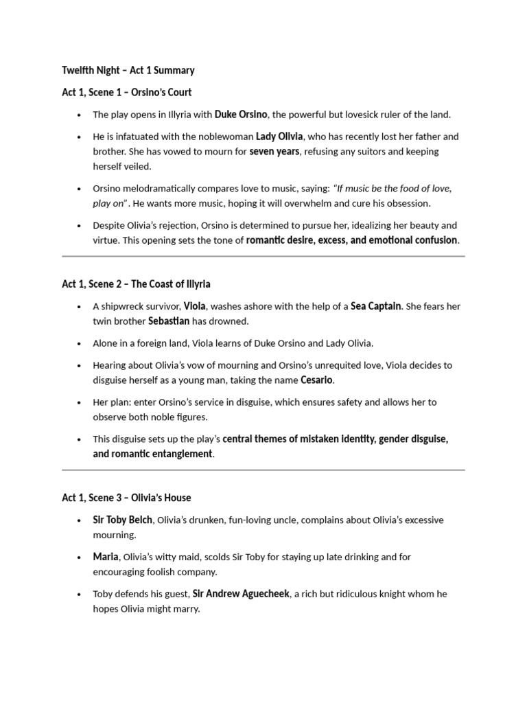 Twelfth Night Act 1 Summary | PDF | Twelfth Night