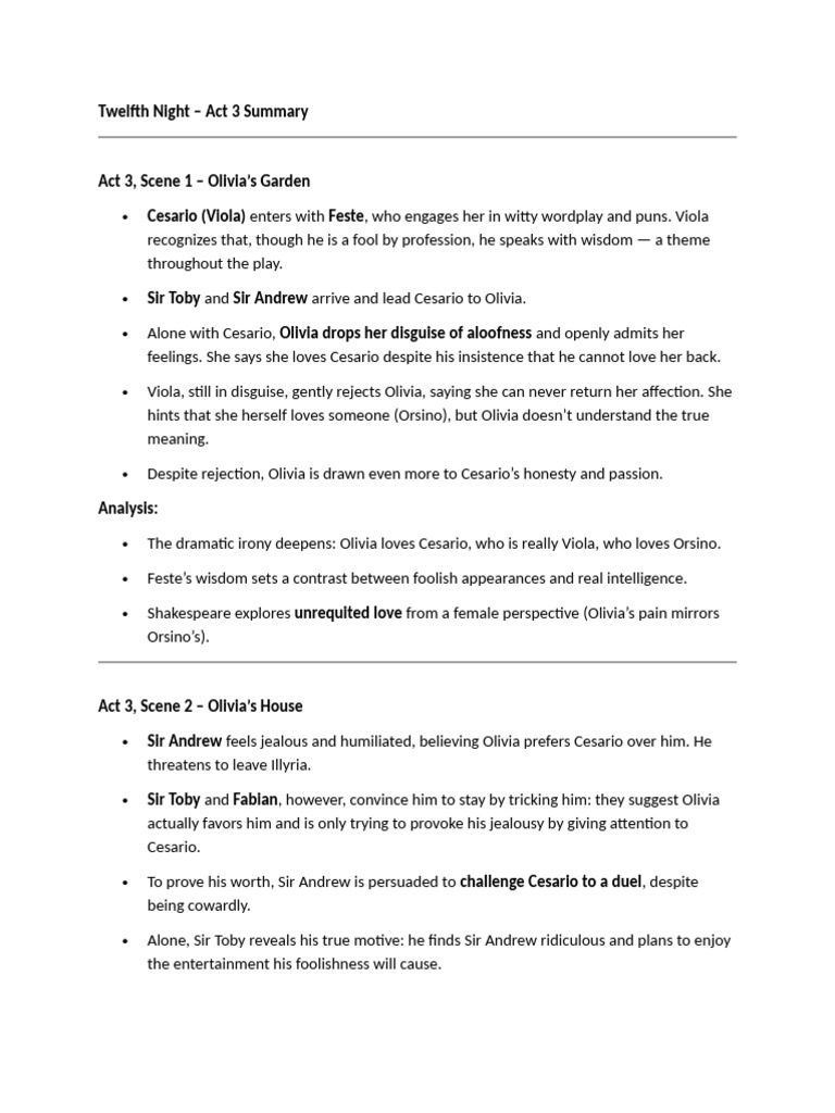 Twelfth Night Act 3 Summary | PDF | Twelfth Night