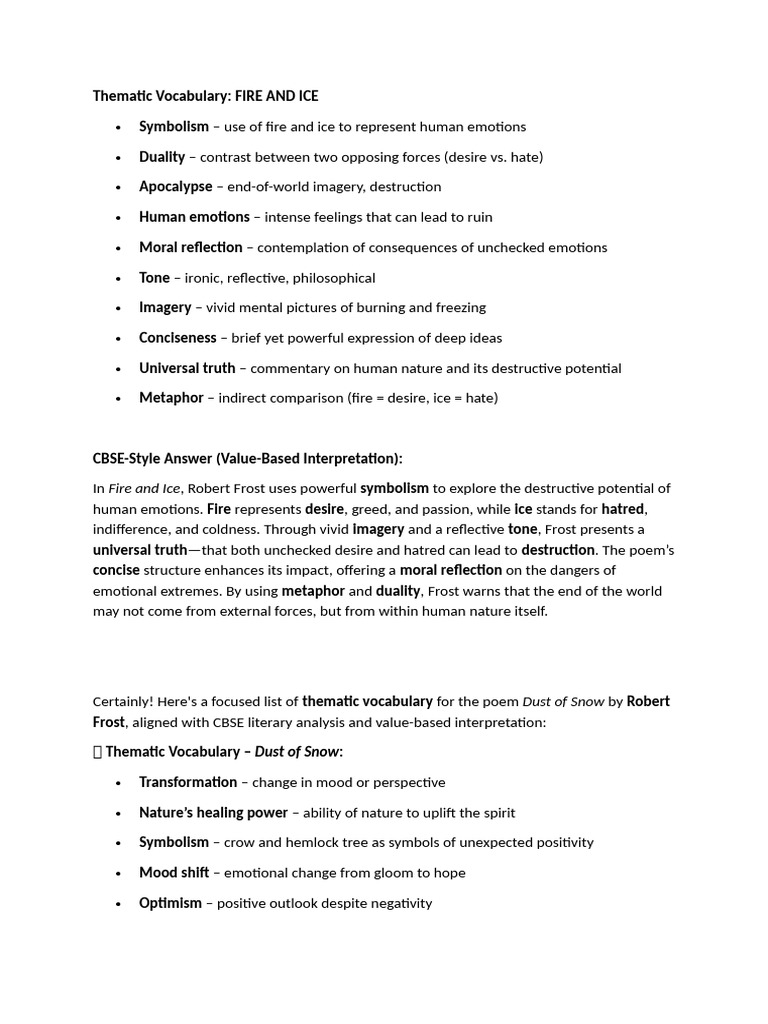 Thematic Vocabulary For Poems Class 10 | PDF | Hatred | Emotions