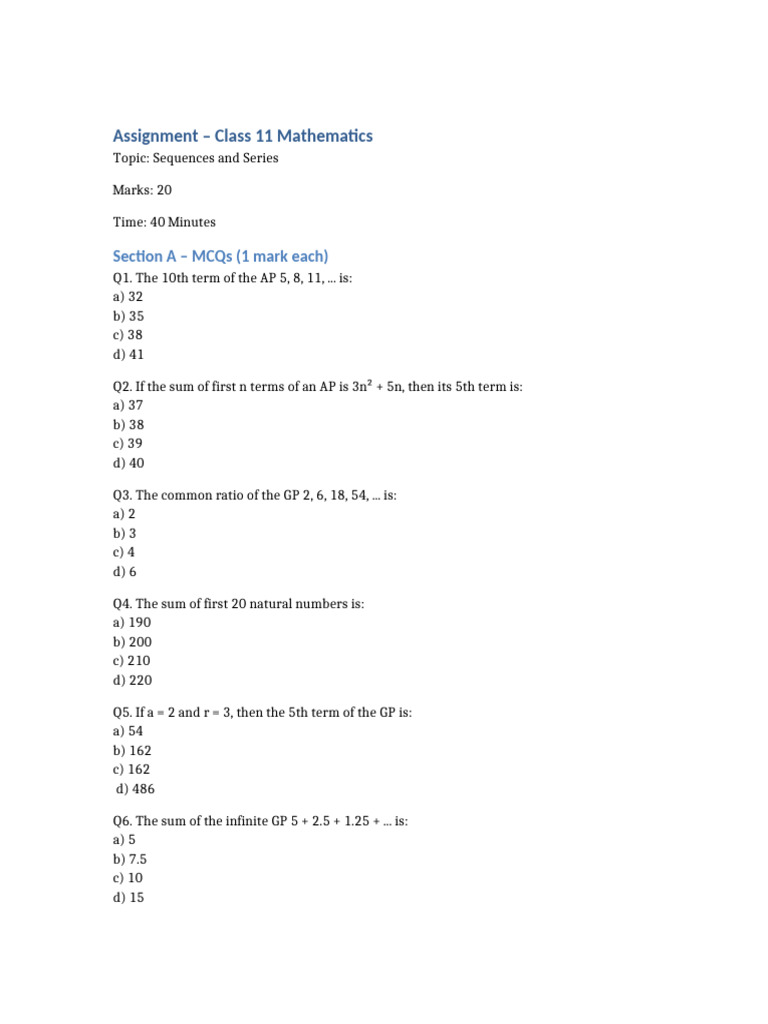 Class 11 Sequences and Series Assignment | PDF