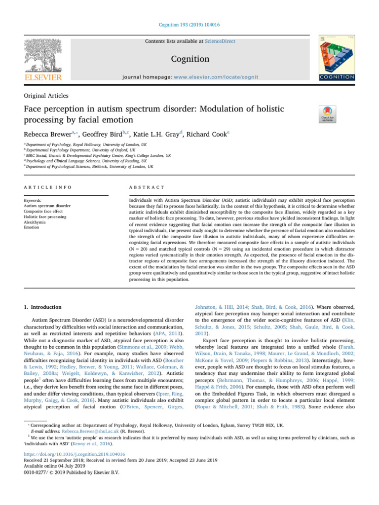 Face Perception in Autism Spectrum Disorder: Modulation of Holistic ...