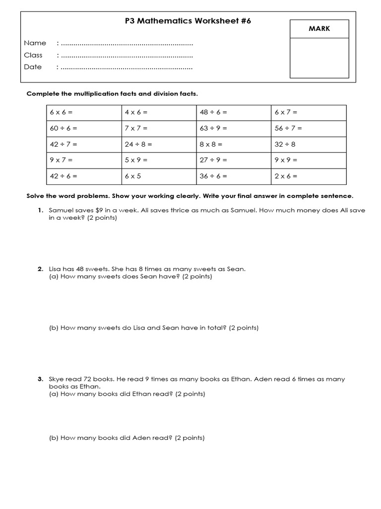 P3 Maths Exercise: Multiplication & Word Problems | PDF
